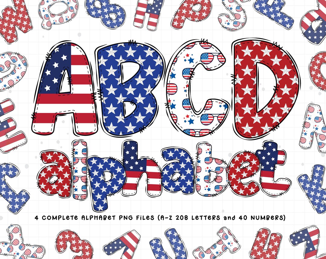 Patriotic Doodle Alphabet Letters Bundle, 4th of July Alphabet PNG ...