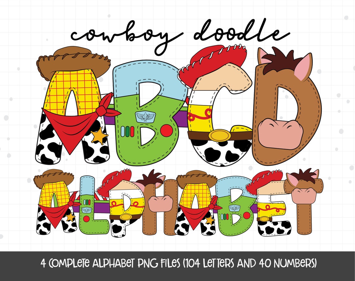 Cowboy Doodle Letters, Cowboy Alphabet, Cartoon Alphabet Sublimation ...