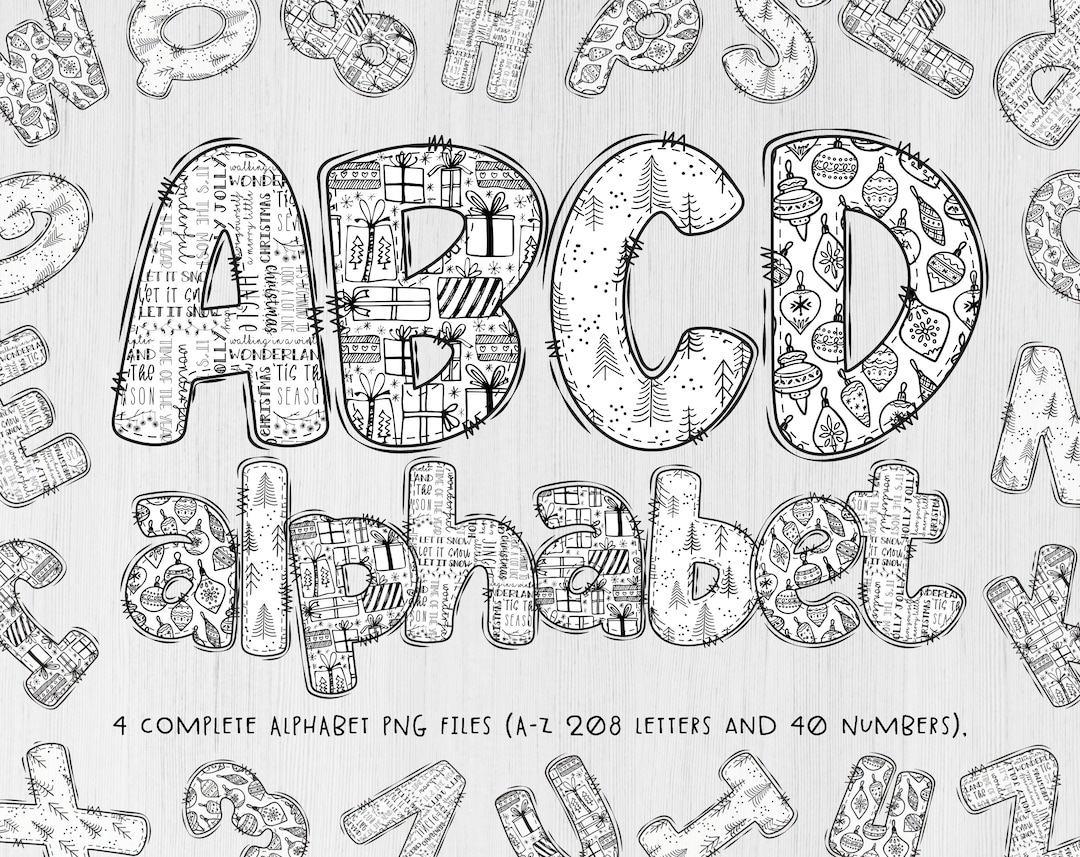 Christmas PNG Letters and Numbers, Christmas Doodle Alphabet, Christmas ...