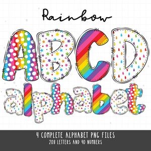 Rainbow Doodle Alphabet Bundle, Rainbow PNG Letters & Numbers, Rainbow ...