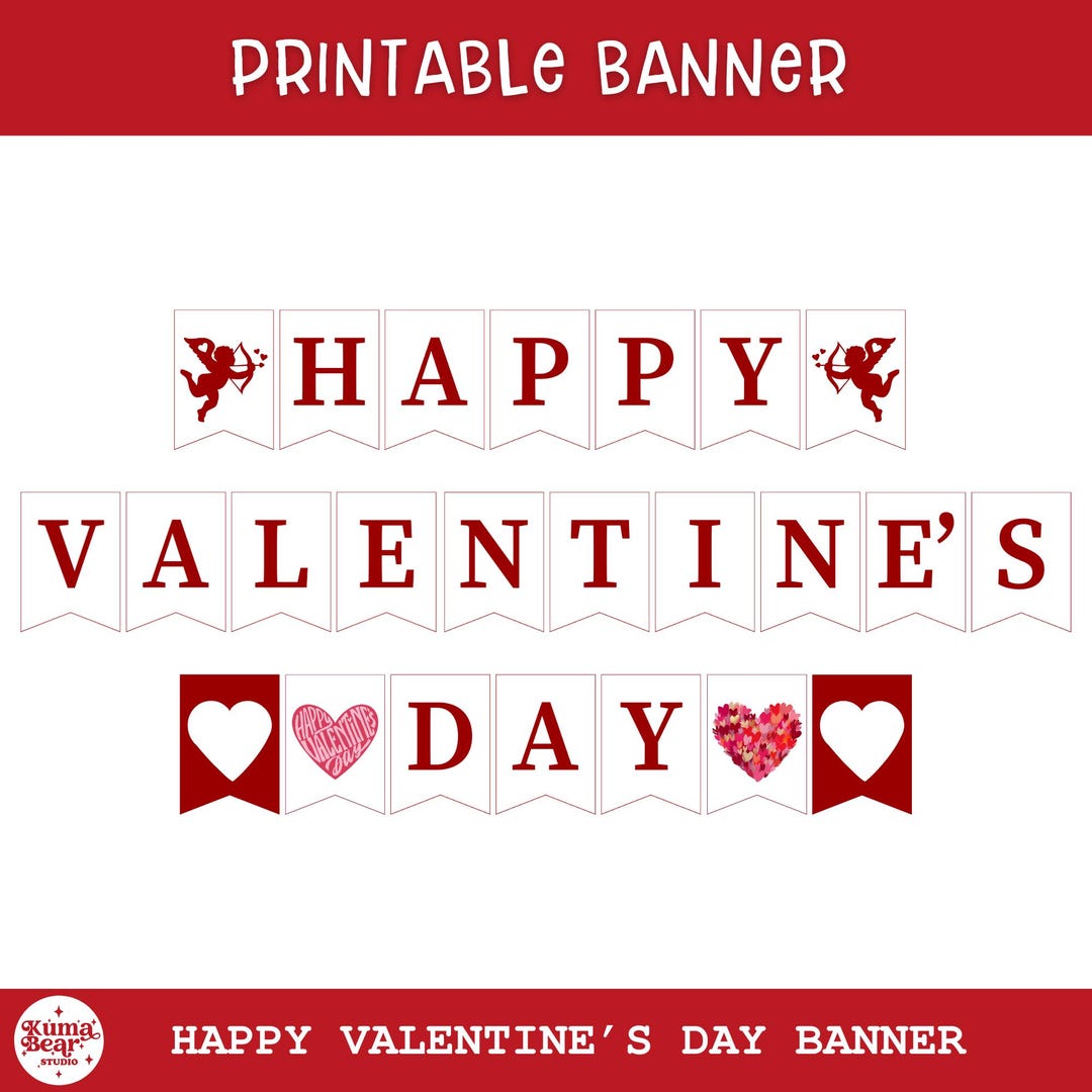 Valentine Banner Printable, Red Valentine's Day Party Decor, Valentines ...