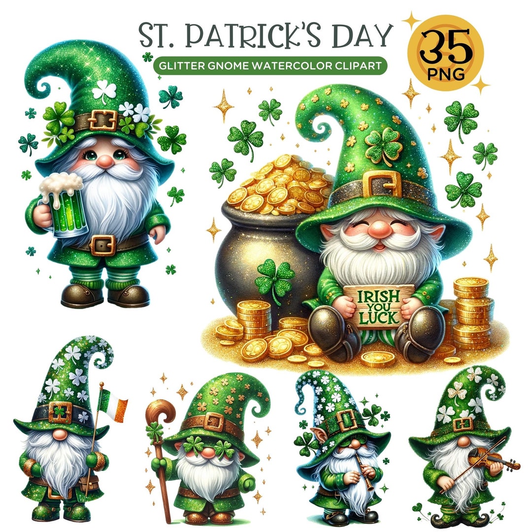 St. Patrick's Day Gnome Clipart, Watercolor Saint Patricks Gnomes, St ...