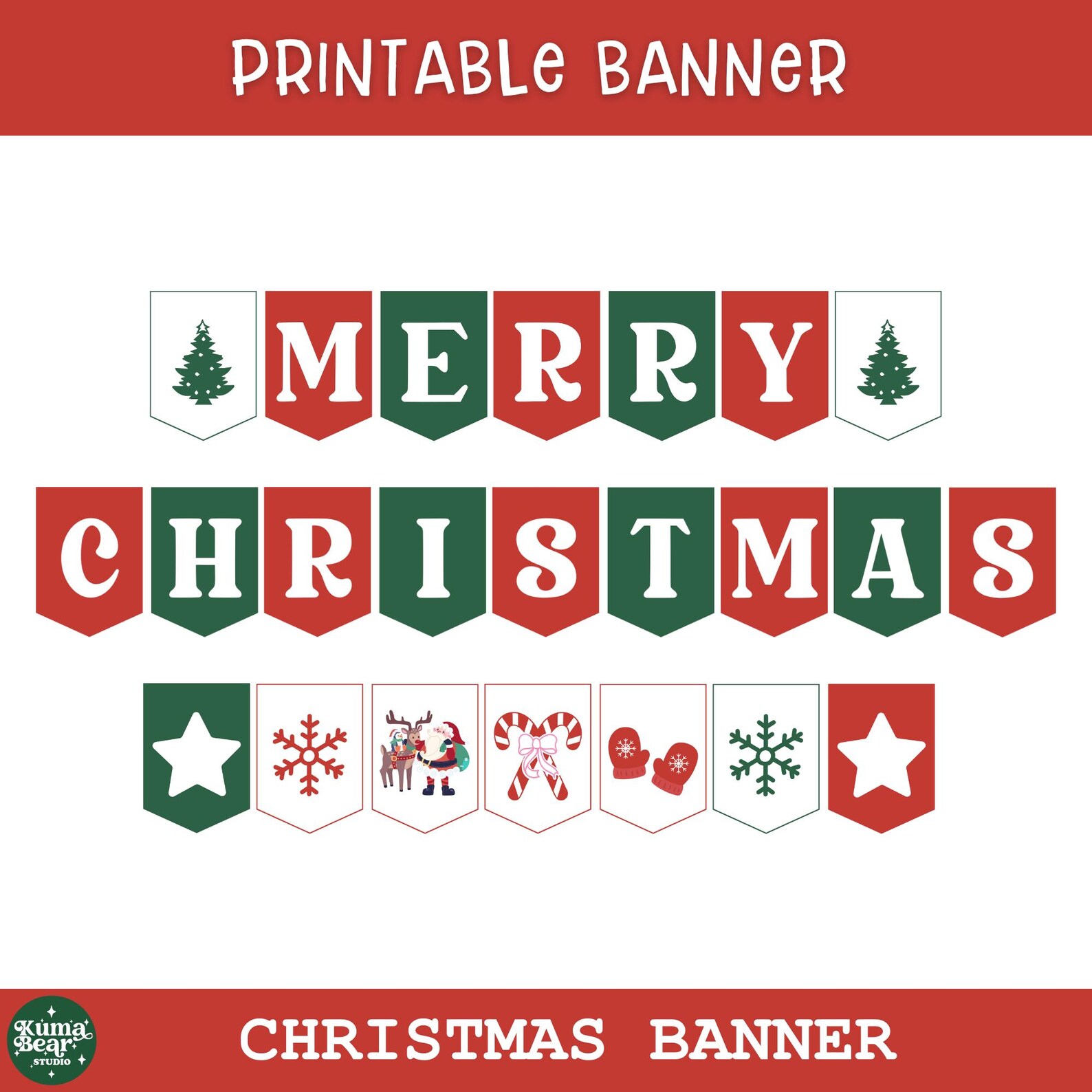 Red Green Christmas Banner Printable Festive Garland Decor, Snowflake ...