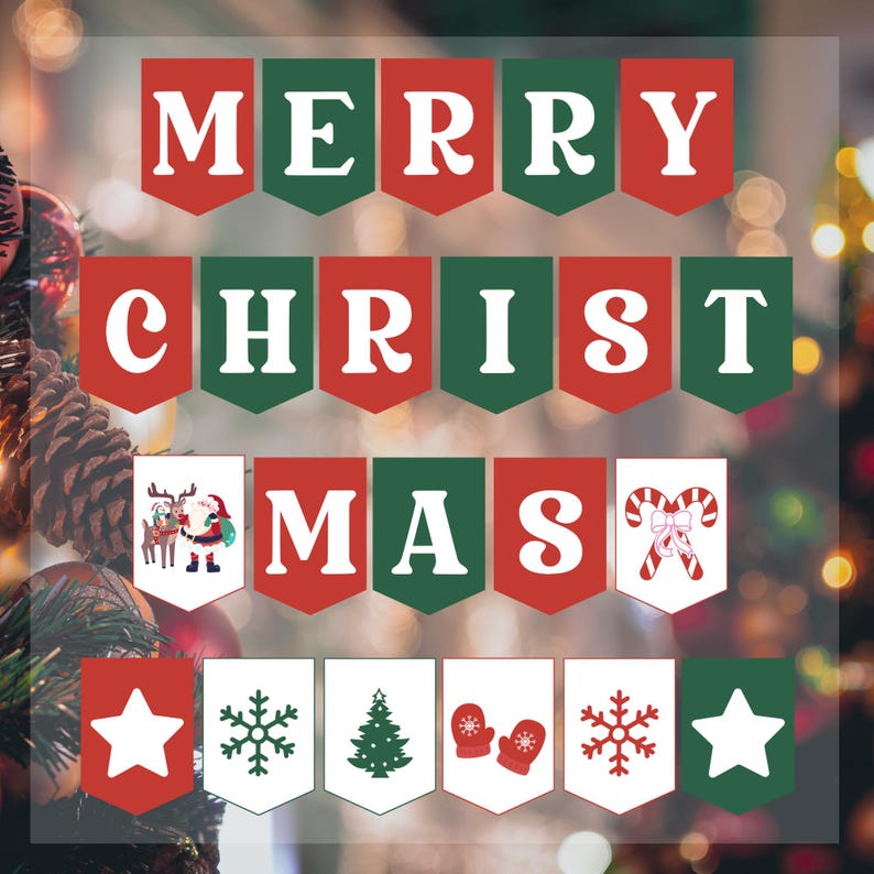 Red Green Christmas Banner Printable Festive Garland Decor, Snowflake ...