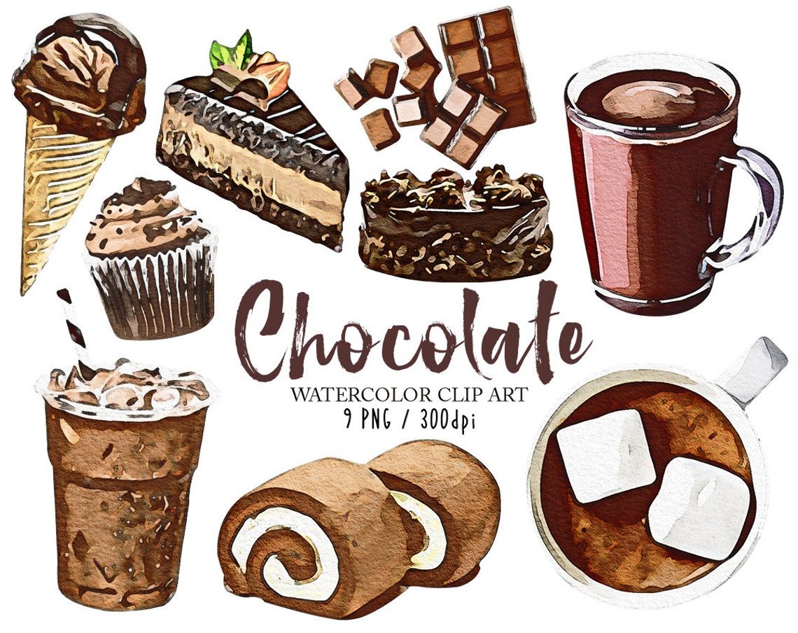 Watercolor Chocolate Clipart Dessert Clip Art Design Elements - Etsy