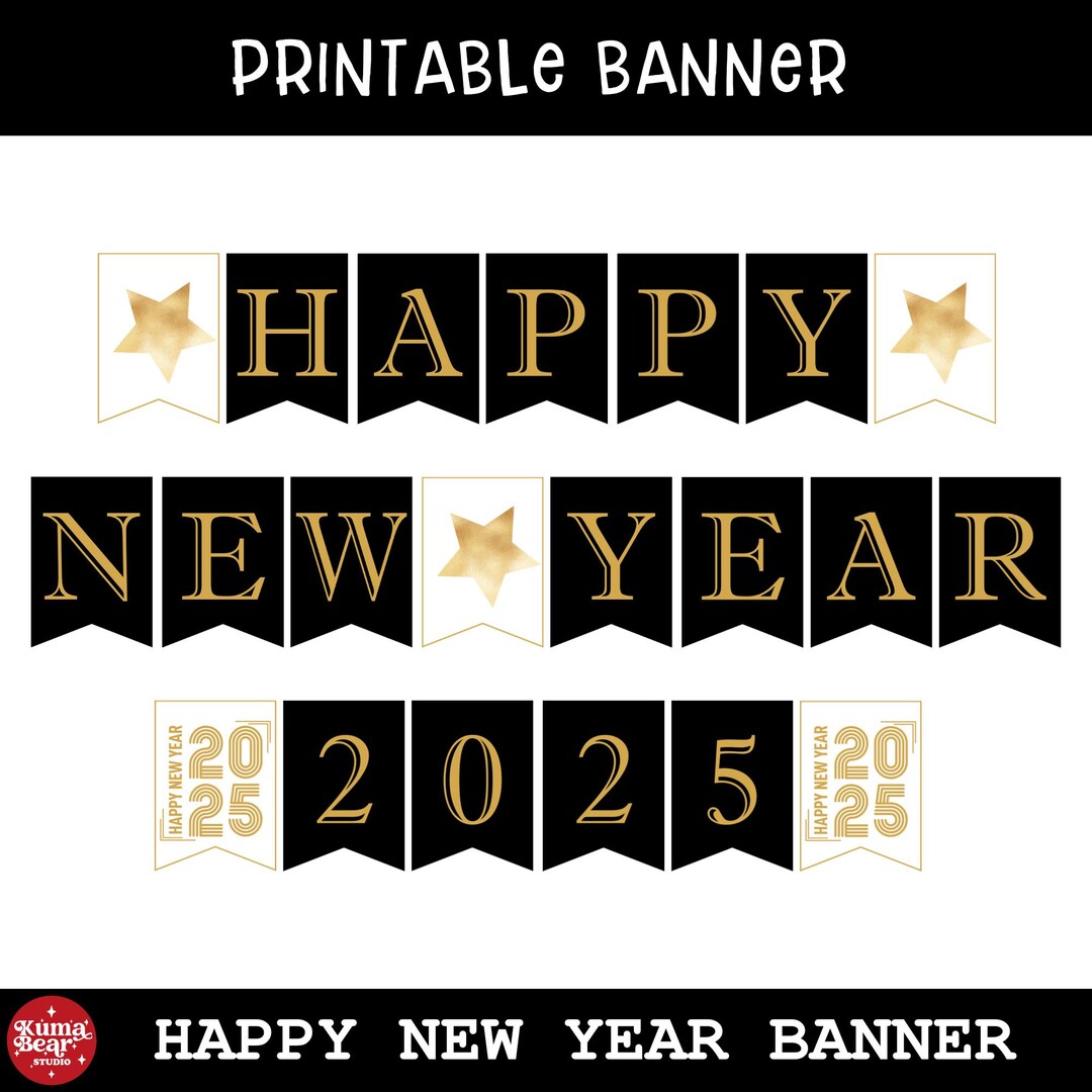 Printable Banner Happy New Year 2025, New Year Party Decor, New Year’s ...
