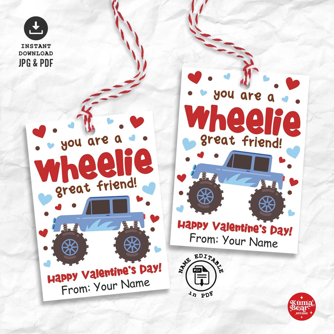 Kids Valentines Day Tags, Monster Truck Valentine Gift Tag Printable ...