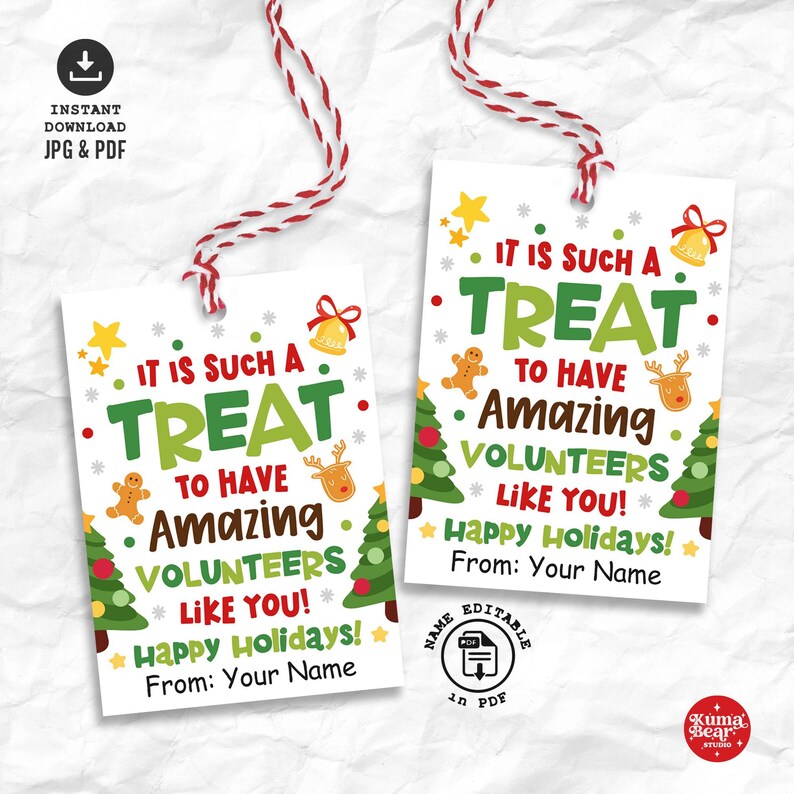 Volunteer Christmas Gift Tags Printable, Holiday Treat Bag for ...