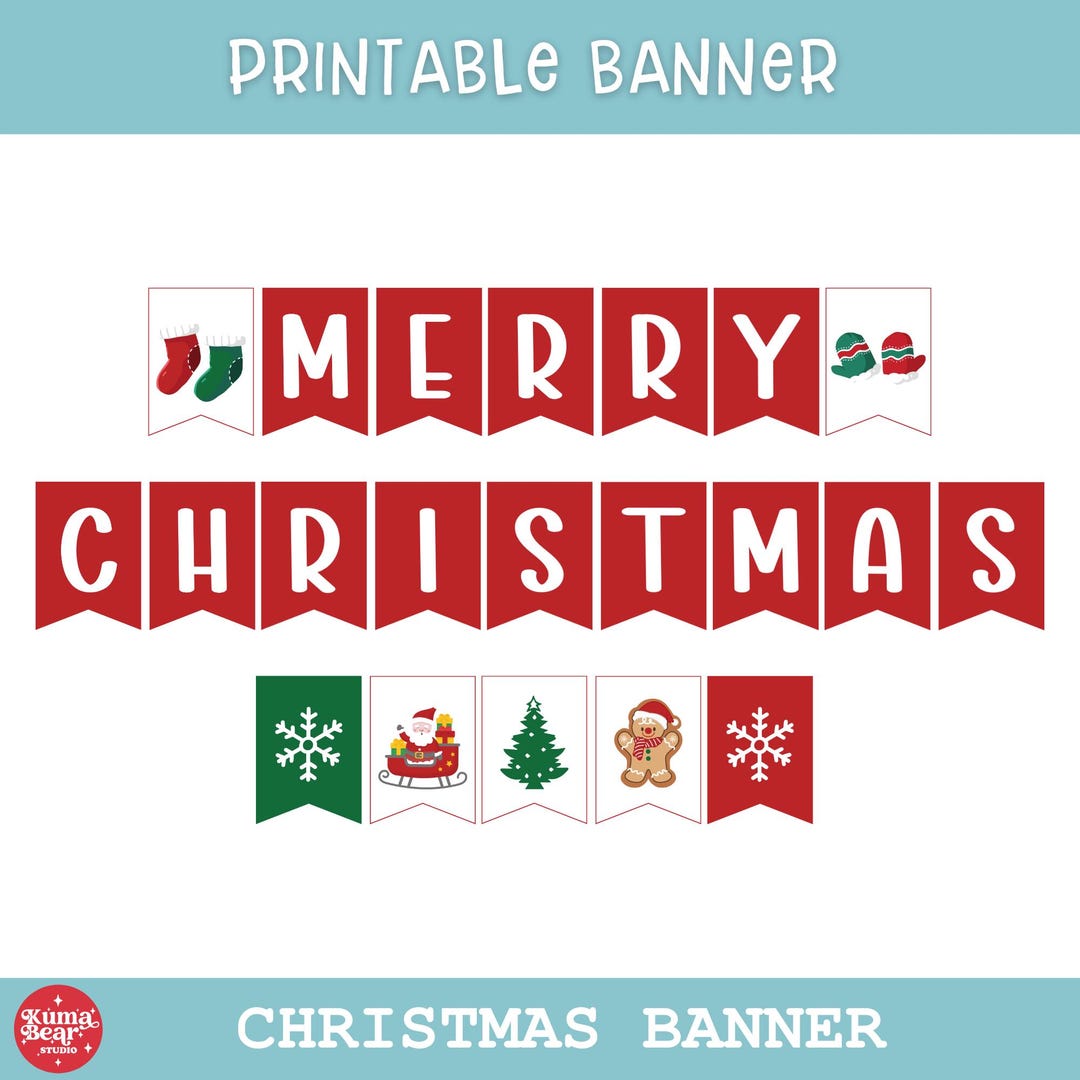 Merry Christmas Printable Banner, Festive Holiday Bunting, Winter Decor ...
