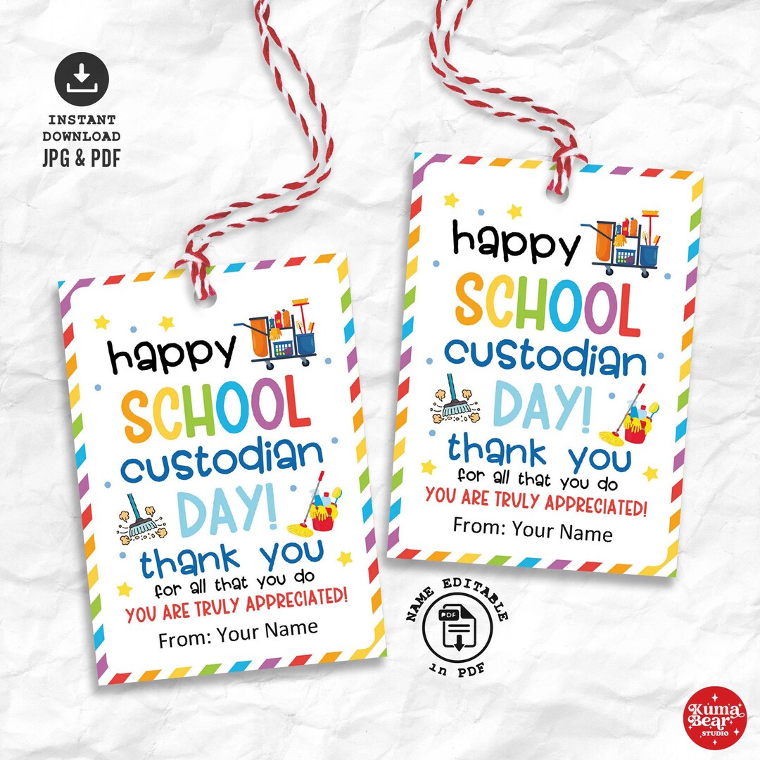 School Custodian Day Gift Tags - Printable Thank You Favor Tags for ...