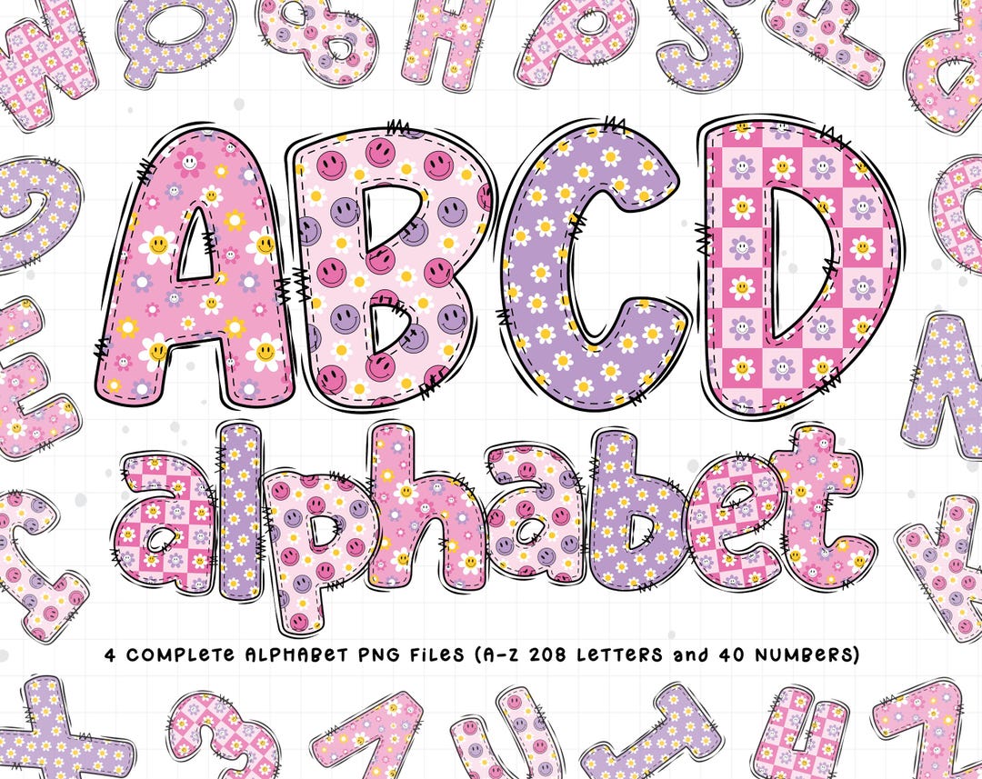 Retro Smiley Face Alphabet PNG Bundle: Groovy Doodle Letters (digital ...