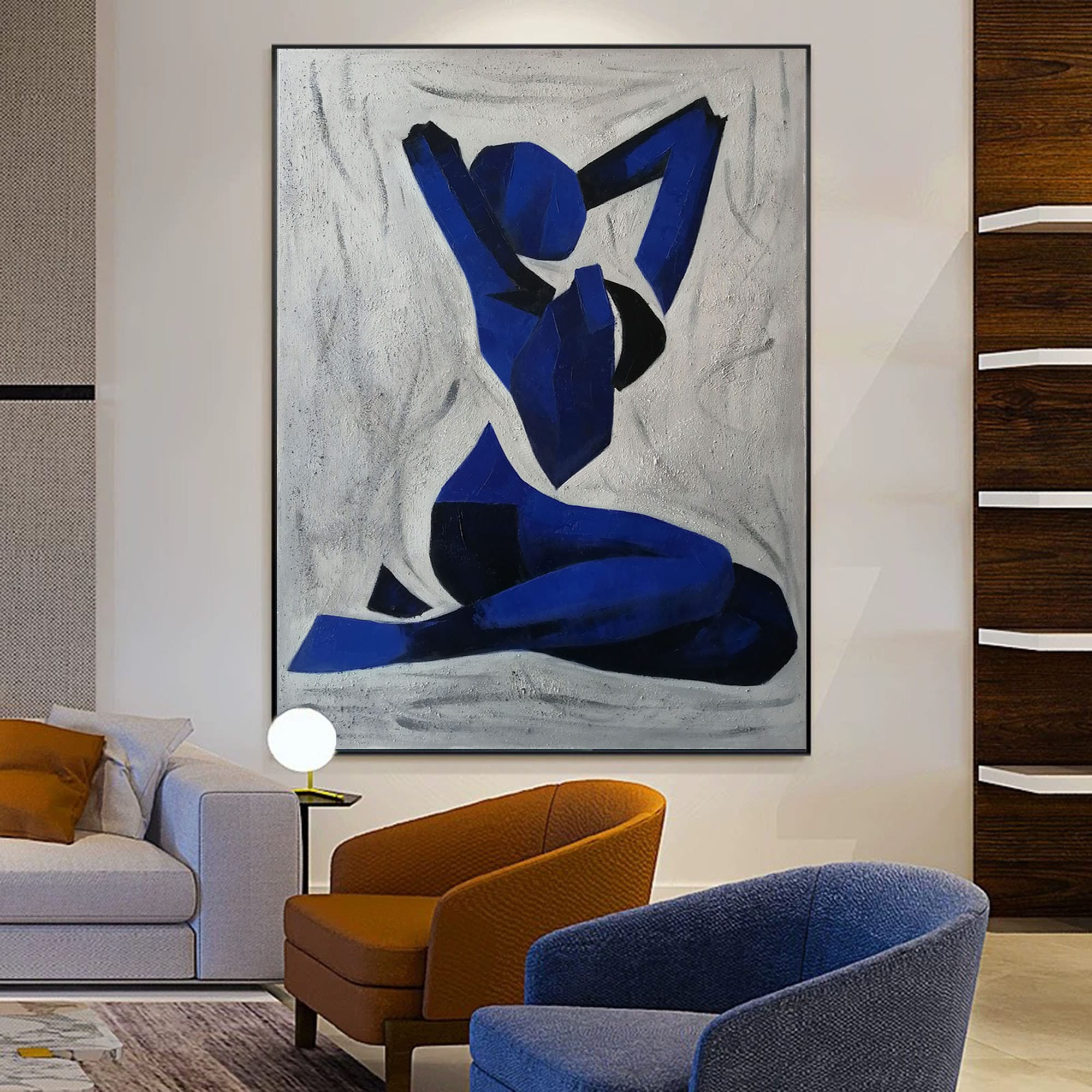 Large Navy Blue Abstract Figure Painting, Oversized Canvas Art for ...