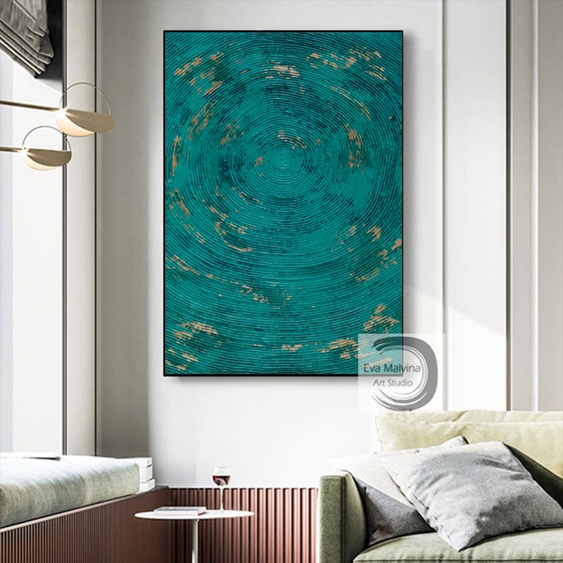 Teal Blue Abstract Art – Textured Modern Painting With Gold Accents E75 ...
