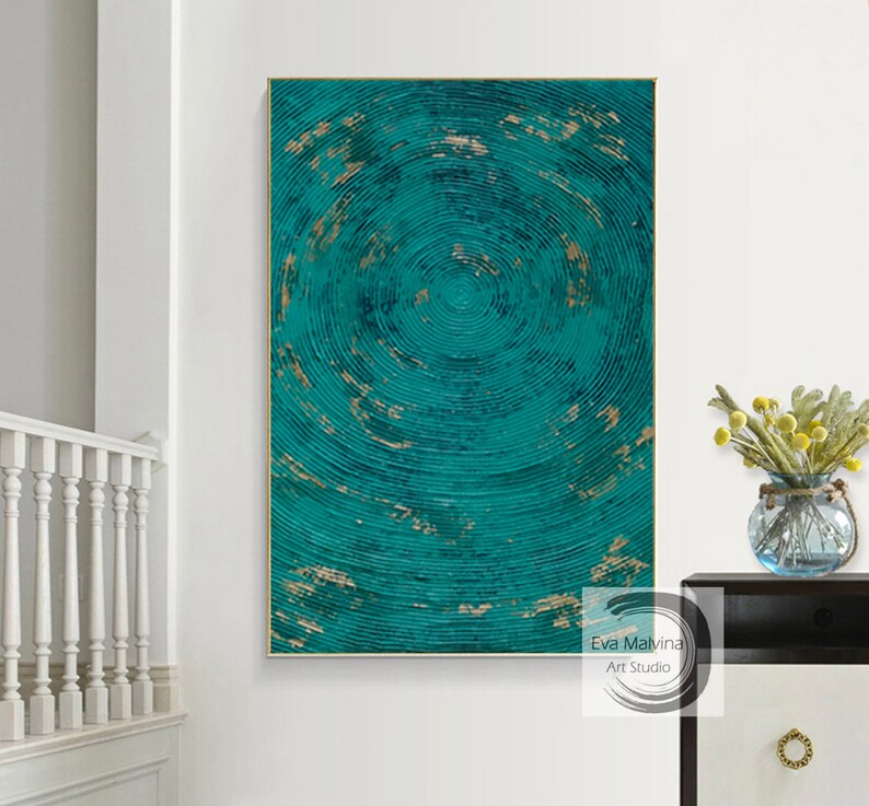Teal Blue Abstract Art – Textured Modern Painting With Gold Accents E75 ...