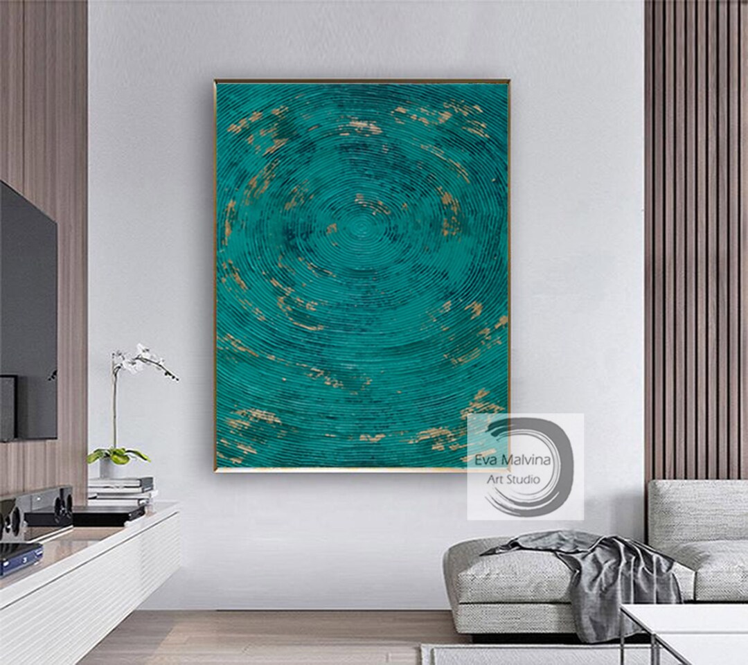 Teal Blue Abstract Art – Textured Modern Painting With Gold Accents E75 ...