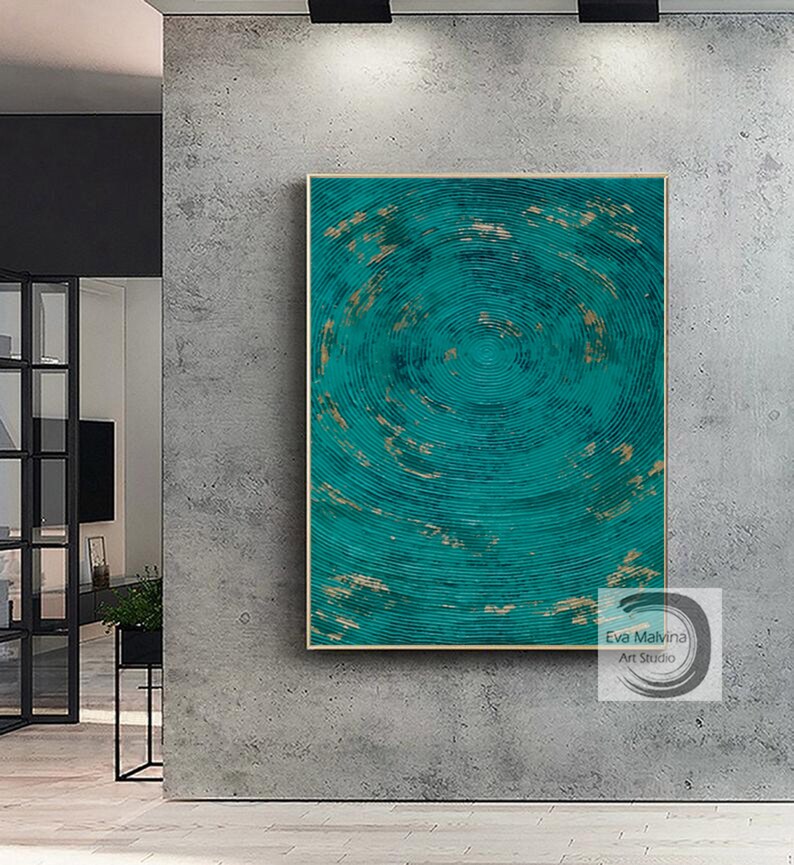 Teal Blue Abstract Art – Textured Modern Painting With Gold Accents E75 ...