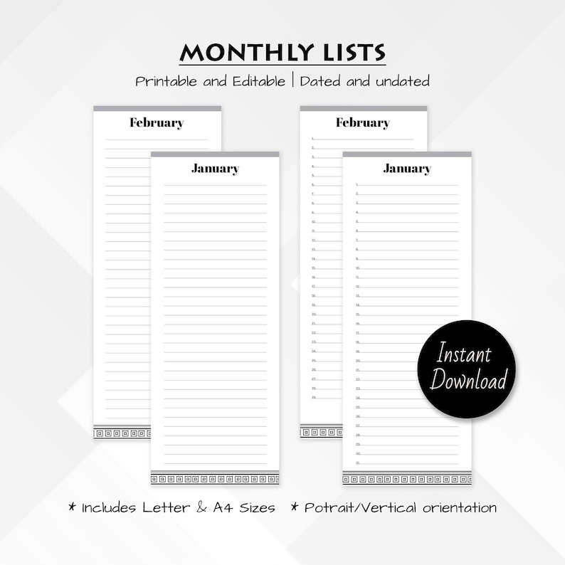 Printable Monthly Lists | Perpetual Monthly Calendar | Letter & A4 ...