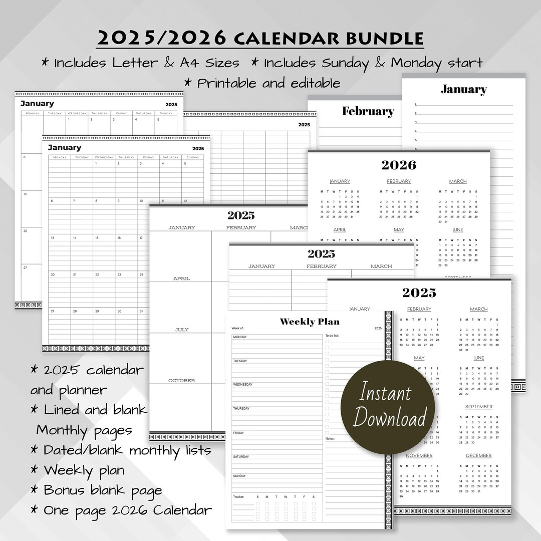2025 Calendar Bundle | Printable and Editable | Letter & A4 Sizes ...