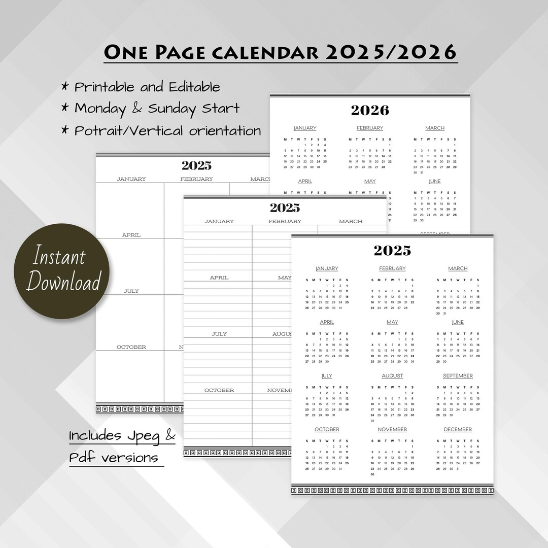 Printable One Page Calendar 2025/2026 | A4 and Letter Sizes | Sunday ...