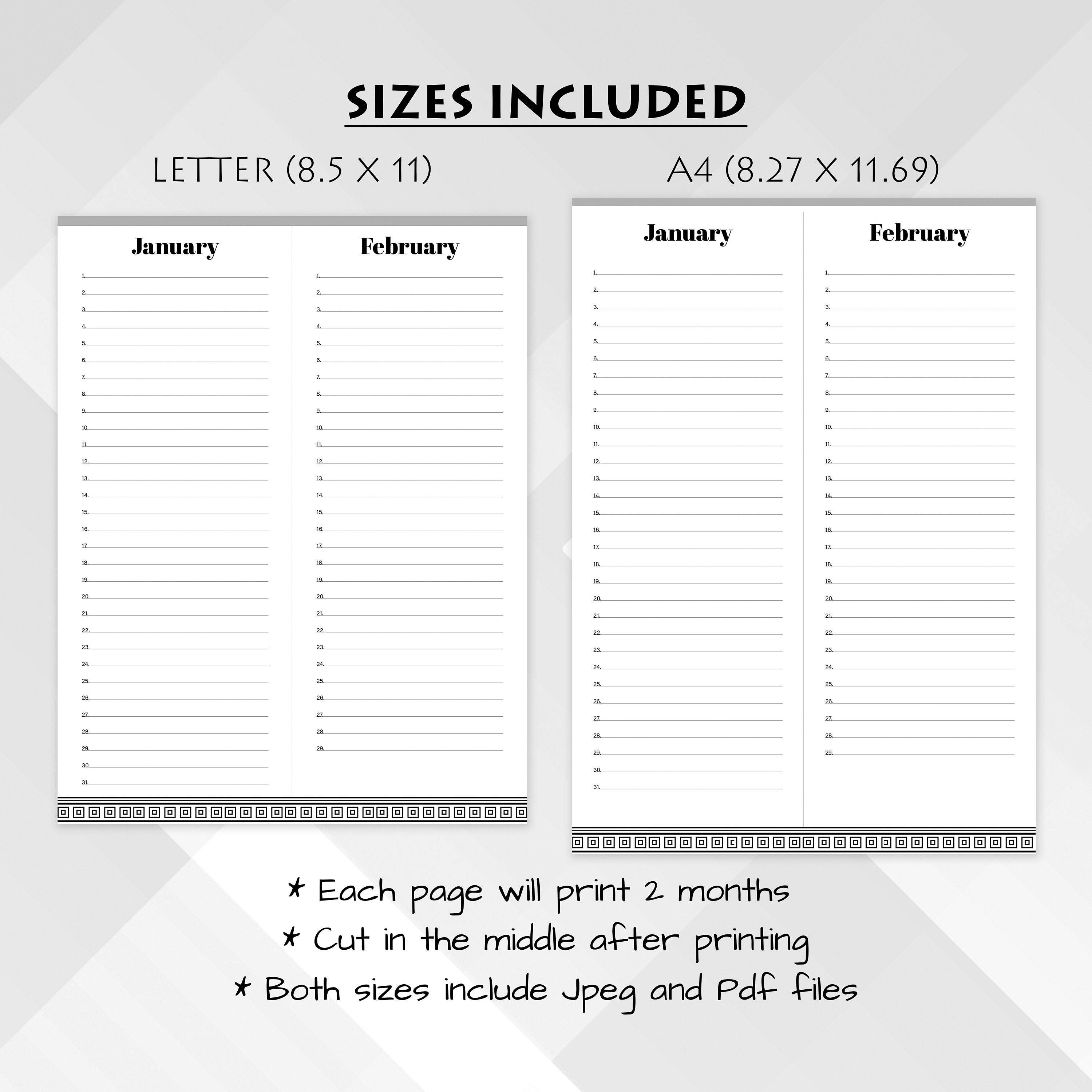 Printable Monthly Lists | Perpetual Monthly Calendar | Letter & A4 ...