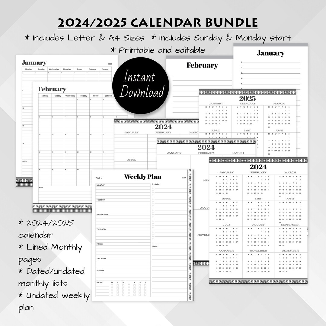 2024 Calendar Bundle Printable and Editable Letter & A4 Sizes Sunday ...