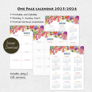 Printable One Page Calendar 2025/2026 A4 and Letter Sizes Sunday and ...