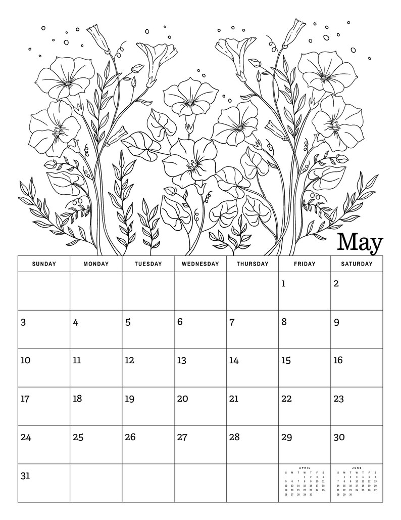 2026 Printable Colouring Calendar | Floral Line Art Monthly Planner ...