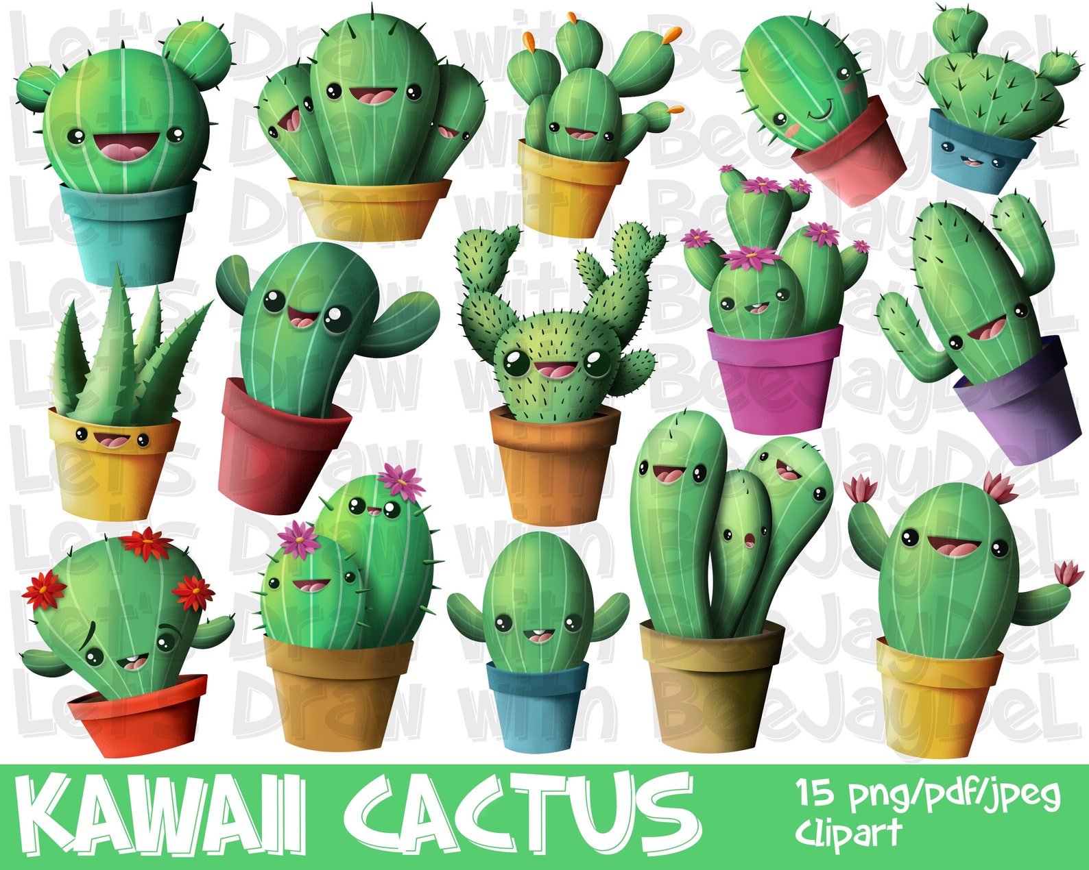 Kawaii Cactus Clipart Full Commercial Rights / PNG / JPEG / - Etsy