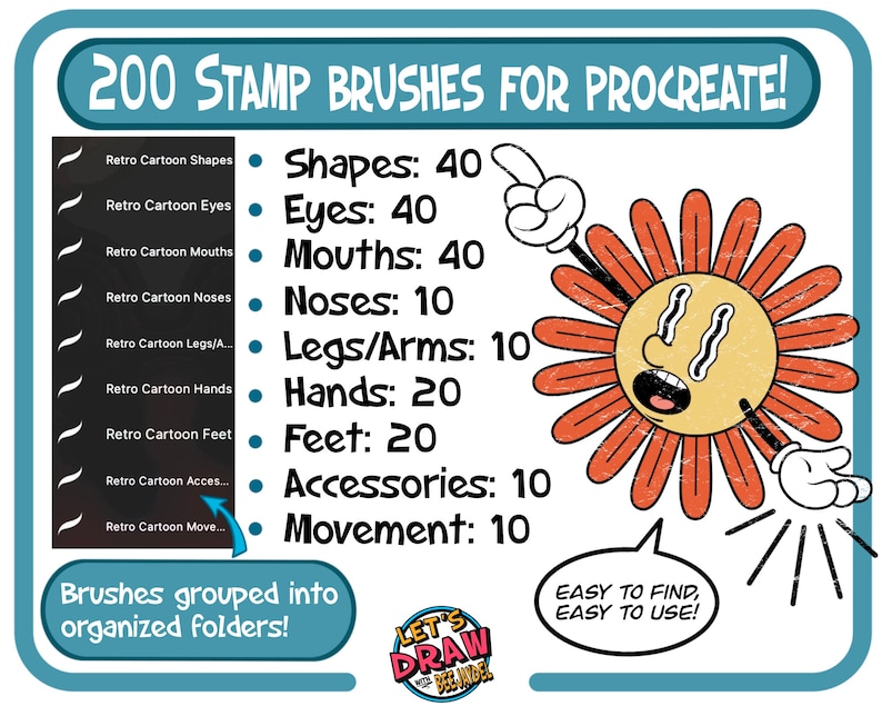 Procreate Retro Cartoon Stamp Brush Set: 200 Brushes, Vintage Textures ...