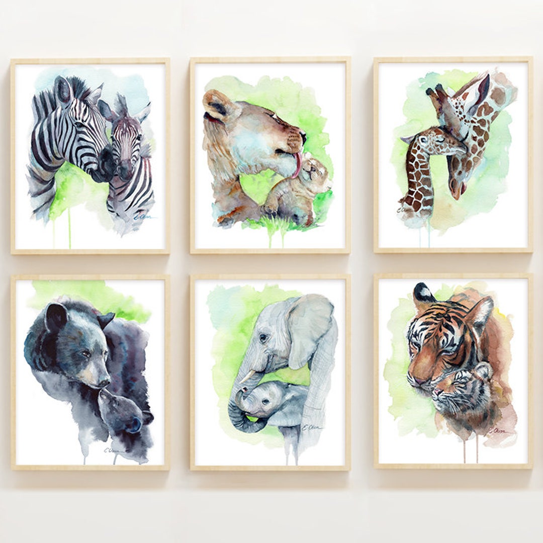 Set of 6 Mother & Baby Animal Prints, Mix and Match, Watercolor Nursery ...
