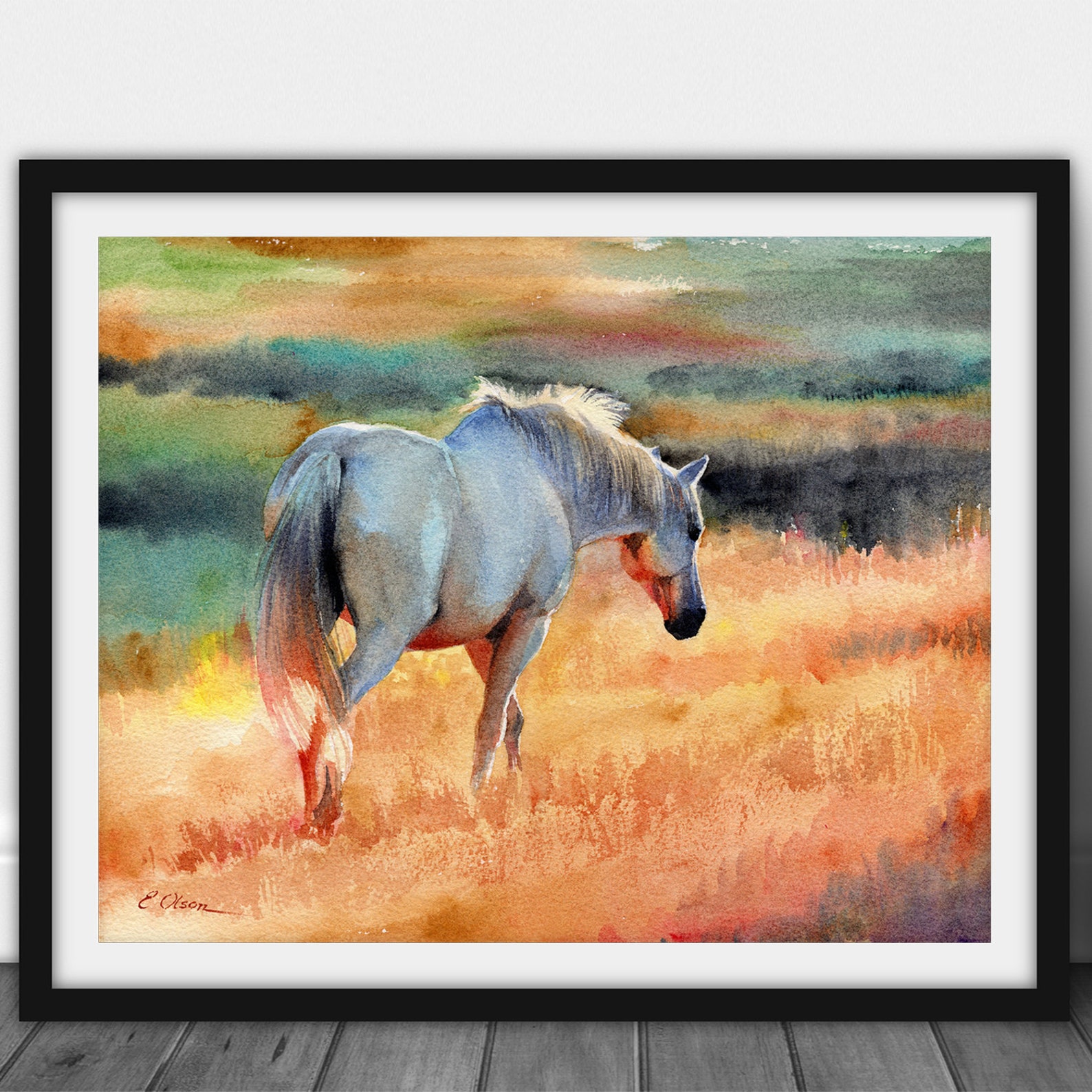 Watercolor White Horse Print Watercolor Sunset Field Horse - Etsy