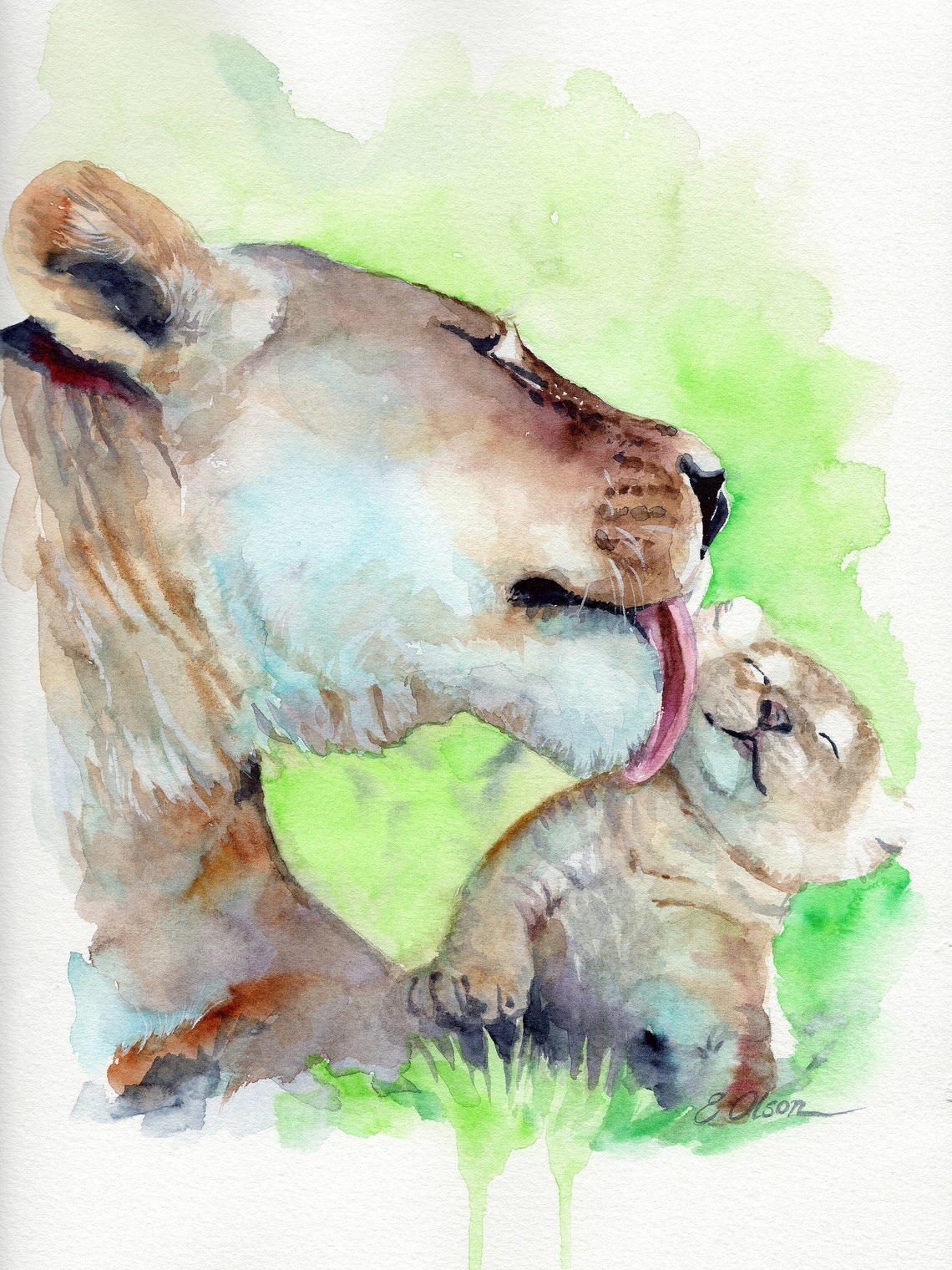 ORIGINAL Watercolor Lion Mother and Cub Baby Lion Wall Art | Etsy