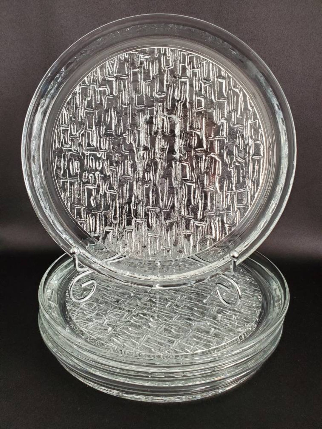 Set of 4/glass Plates/pressed Glass/bamboo Pattern/8" Plates ...