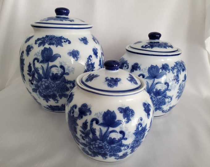 Cracker Barrel/canisters/porcelain/blue & White/crysanthemum ...