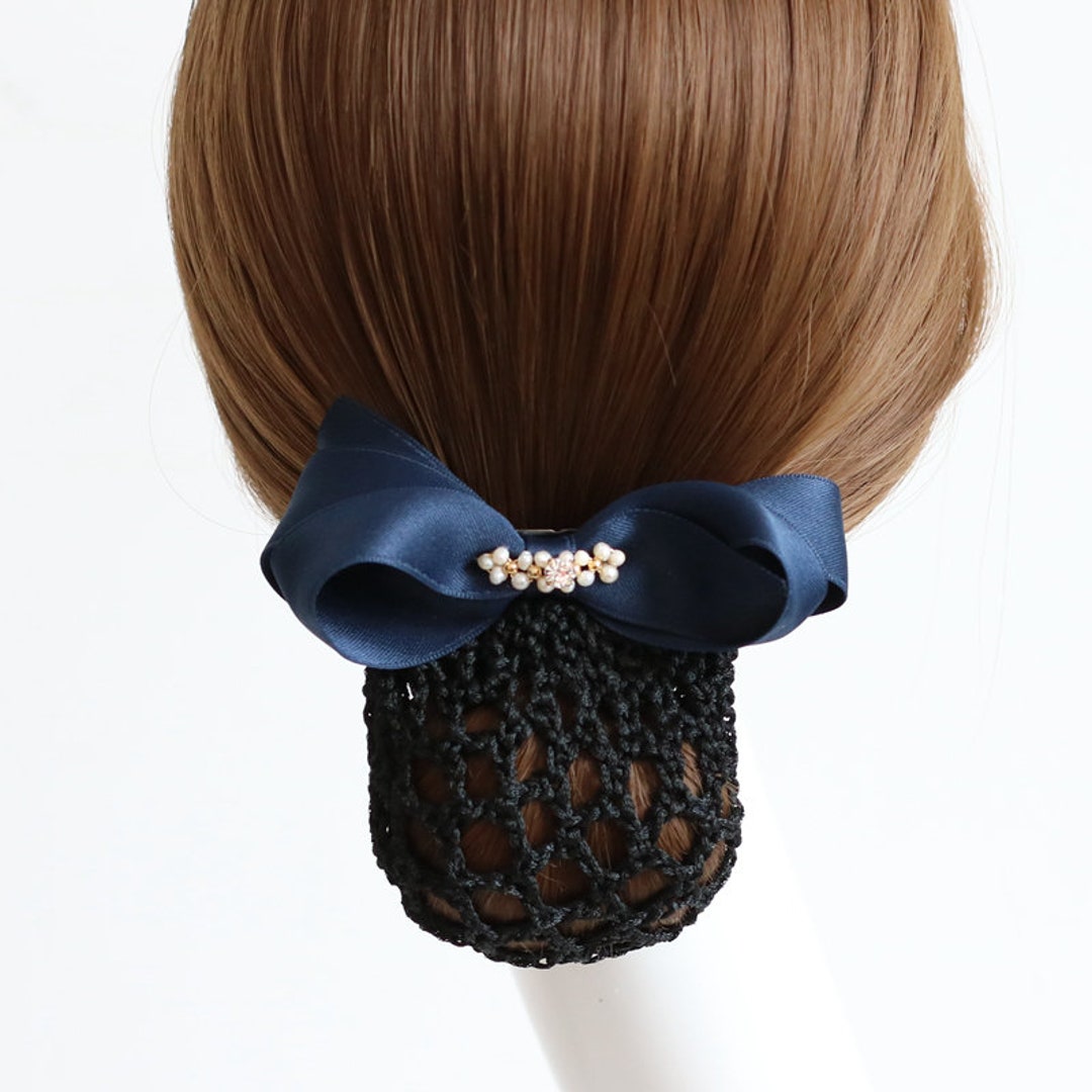 Elegante Dark Navy Blue Big Ribbon Bow Hair Barrette Clip con Snood Net ...