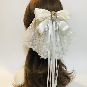 White Flower Lace Fabric White Ribbon Hair Bow With French Barrette ...