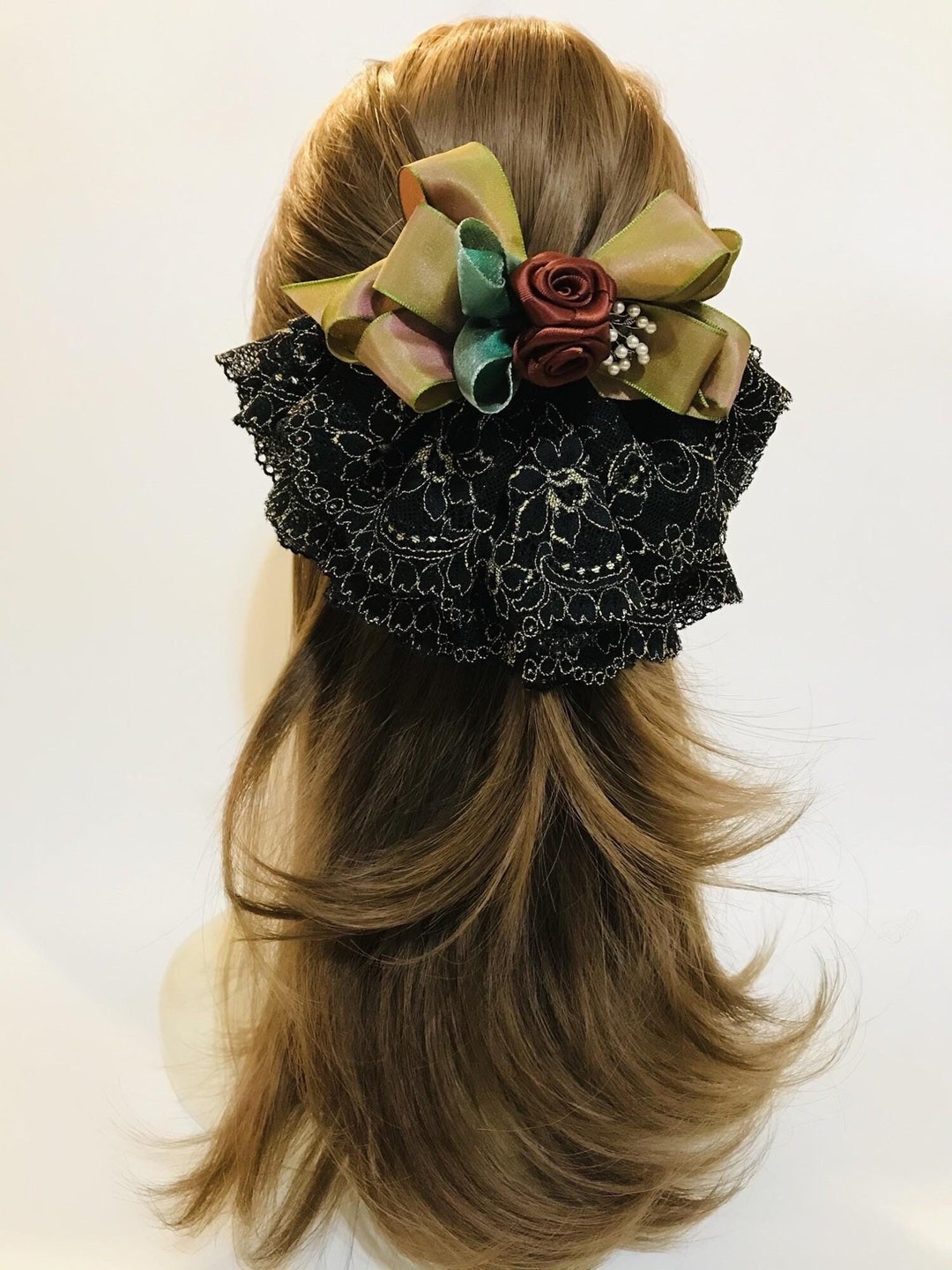 Double Layered Black and Gold Flower Lace, Layered Ribbon Bows, Brown ...