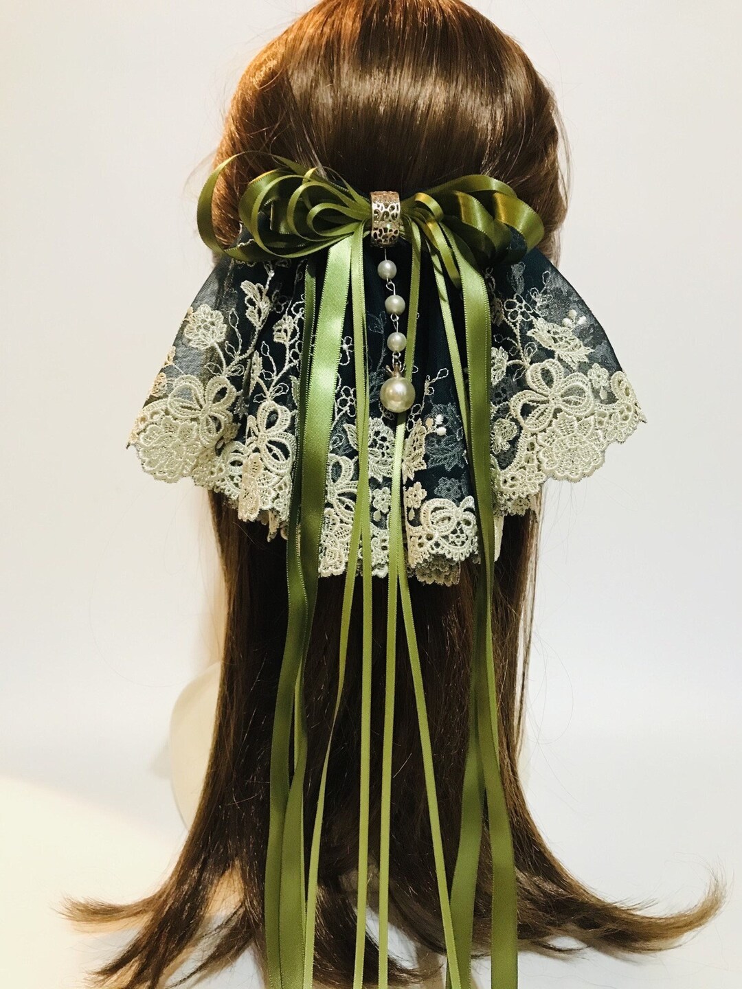 Olive Green Layered Ribbons Teal Flower Lace Oversized Hair Bow With ...