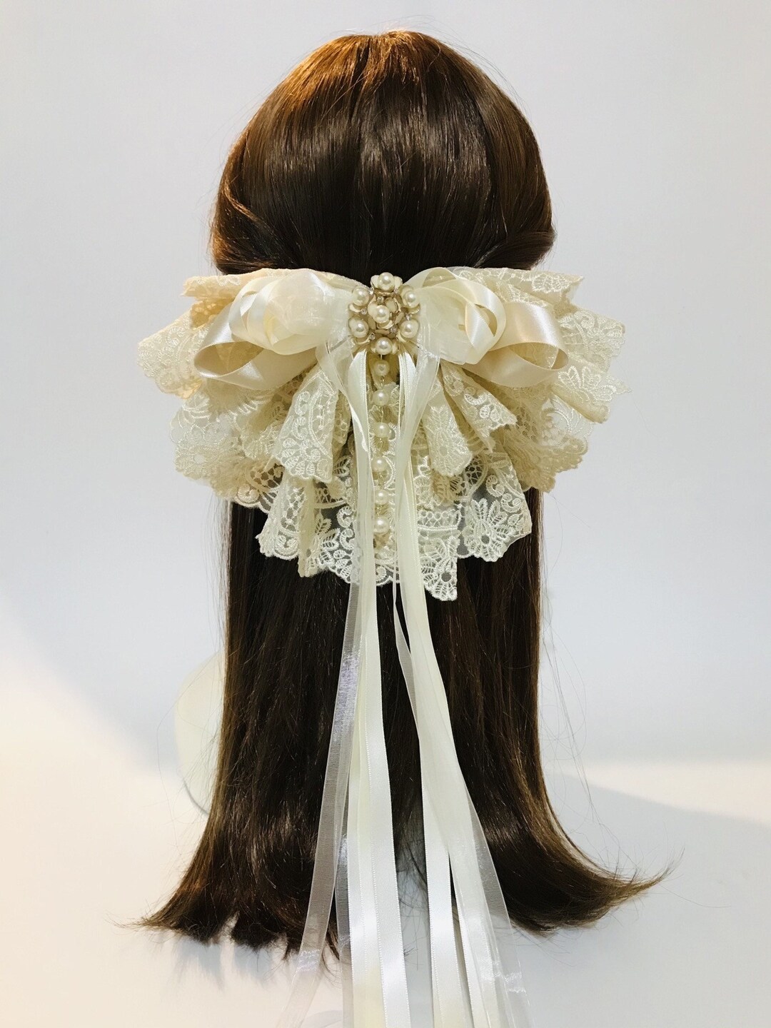 Oversized Ivory Flower Lace Layered Ivory White Big Ribbon Hair Bow ...