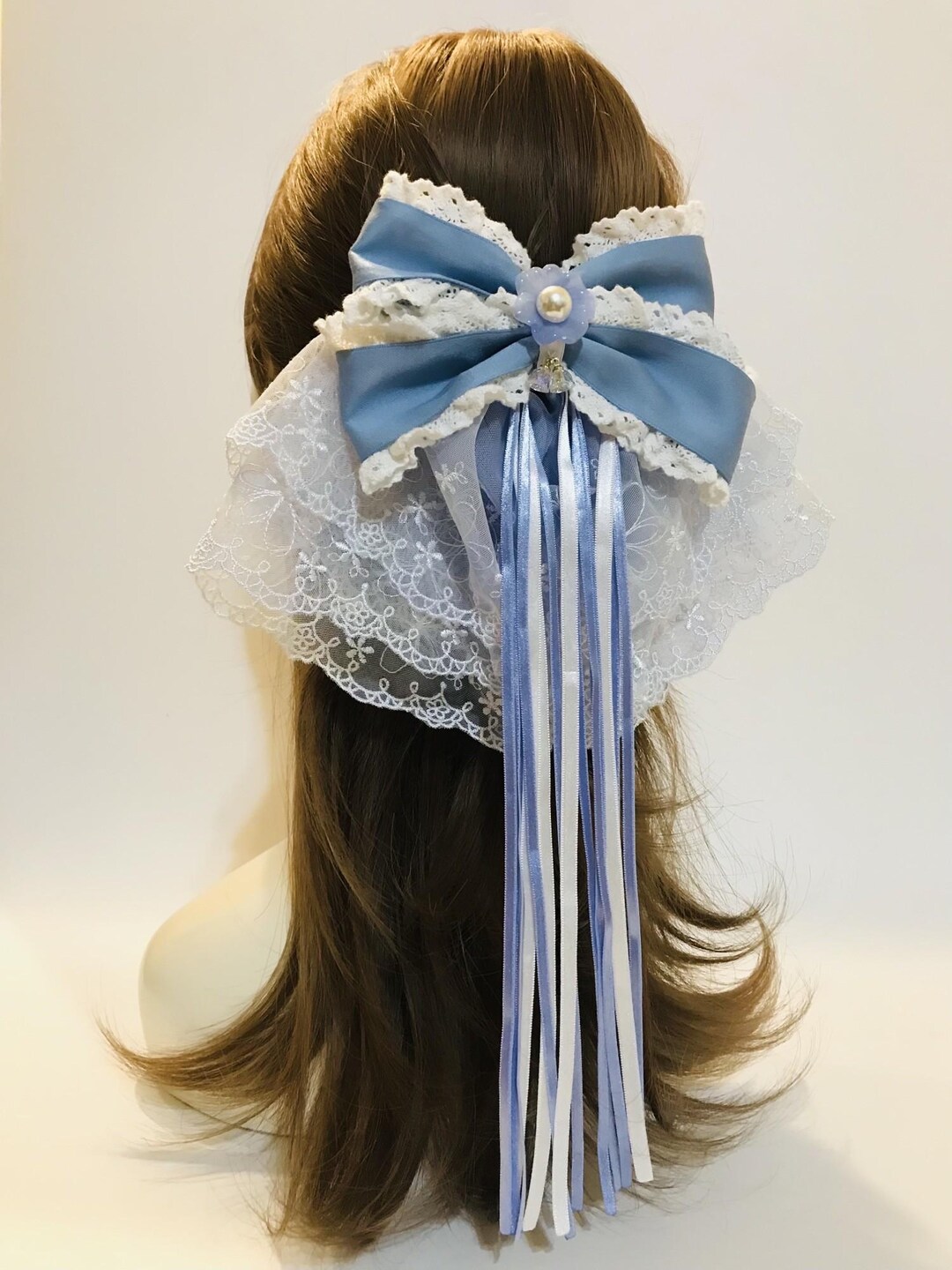 Oversized Light Blue Ribbon Bow Layered Light Blue Embroidered White ...