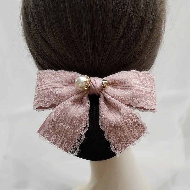 Big Lace Ribbon Bow Hair Barrette Clip with Snood net / Bun | Etsy