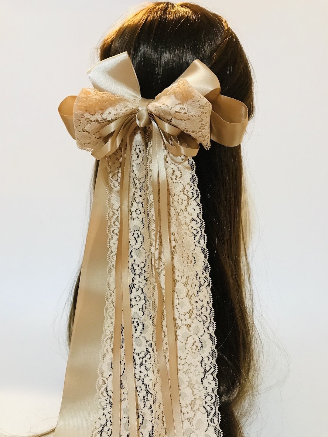 Large Beige Satin Ribbon Lace Hair Bow With Long Ribbon Tails and ...