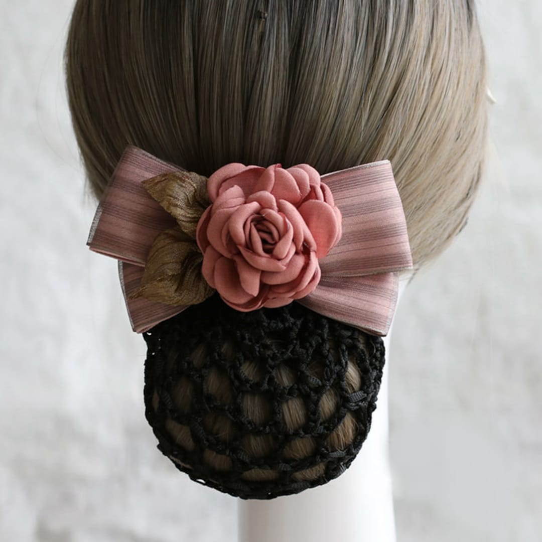 Elegant Pink Flower Ribbon Bow Hair Barrette Clip With Snood Net / Bun ...