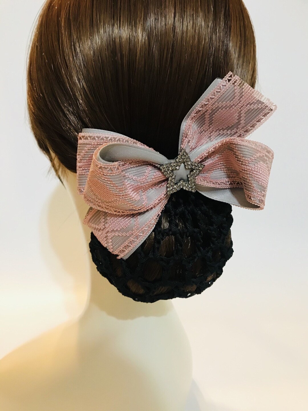 Grey and Pink Ribbon Bow Hair Barrette Clip With Snood Net / Bun Cover ...