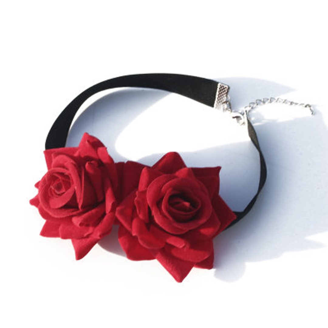 Black Ribbon Choker Necklace With Double Red Roses - Etsy