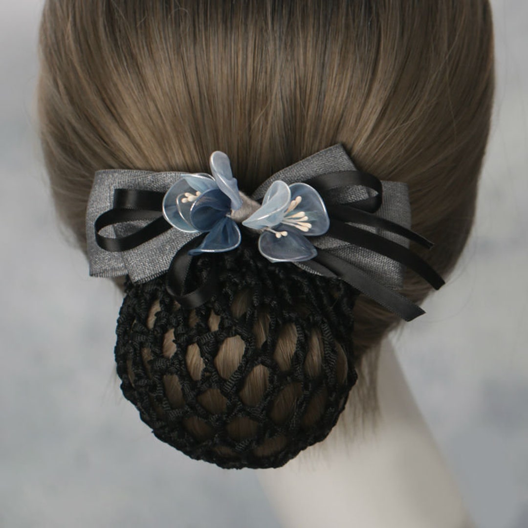 Elegant Blue Flower Grey Ribbon Bow Hair Barrette Clip With Snood Net ...
