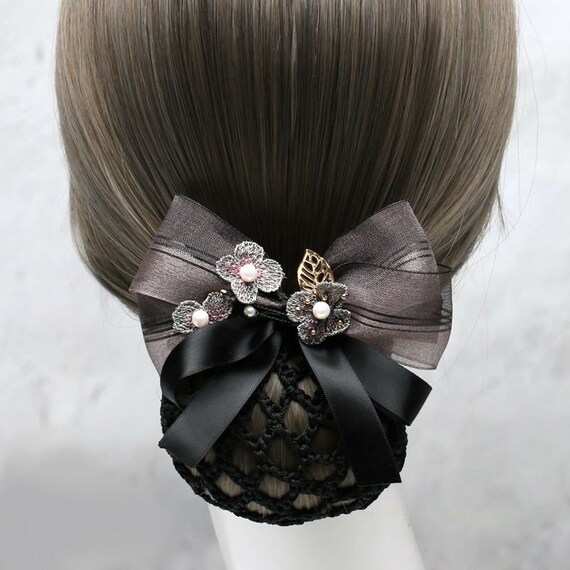 Elegant Grey Flower Big Ribbon Bow Hair Barrette Clip With Snood Net Bun Cover Hair Net Dressage Bun Cover Equestrian Bun Cover Etsy UK