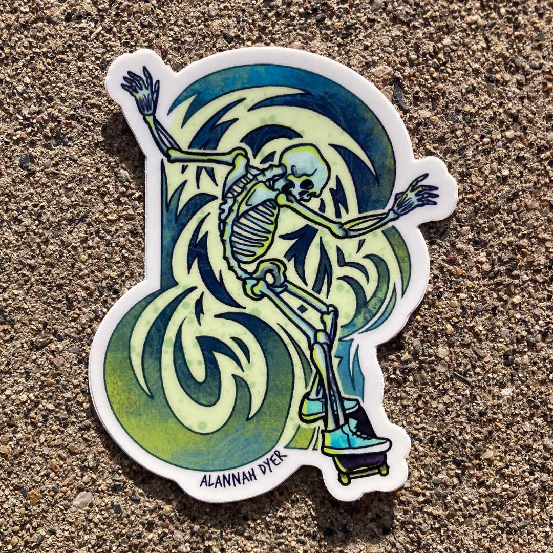 Skateboard Skeleton Sticker | Rad Funny Cartoon Skeleton Silly Stickers ...