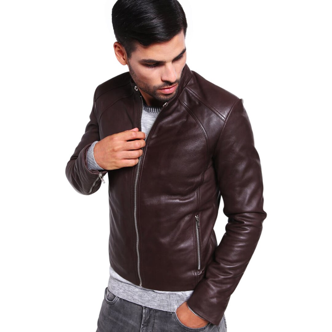Custom Made Leather Jacket Men in Brown Lambskin Leather Biker - Etsy