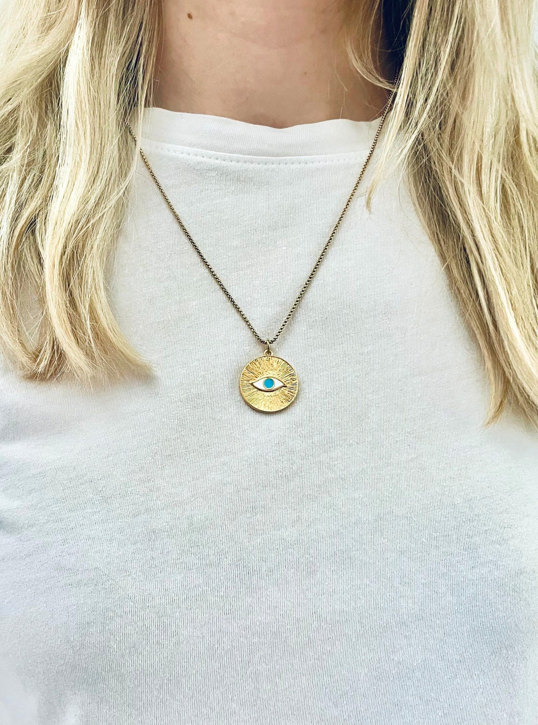Greek Golden Evil Eye Coin Necklace for Co-worker Gift With Box Chain ...